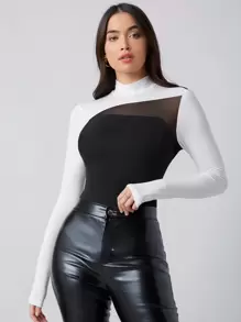 SHEIN Privé Mock Neck Contrast Mesh Colorblock Tee | SHEIN USA