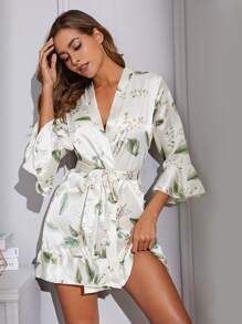 Satin Plants Print Belted Night Robe | SHEIN UK