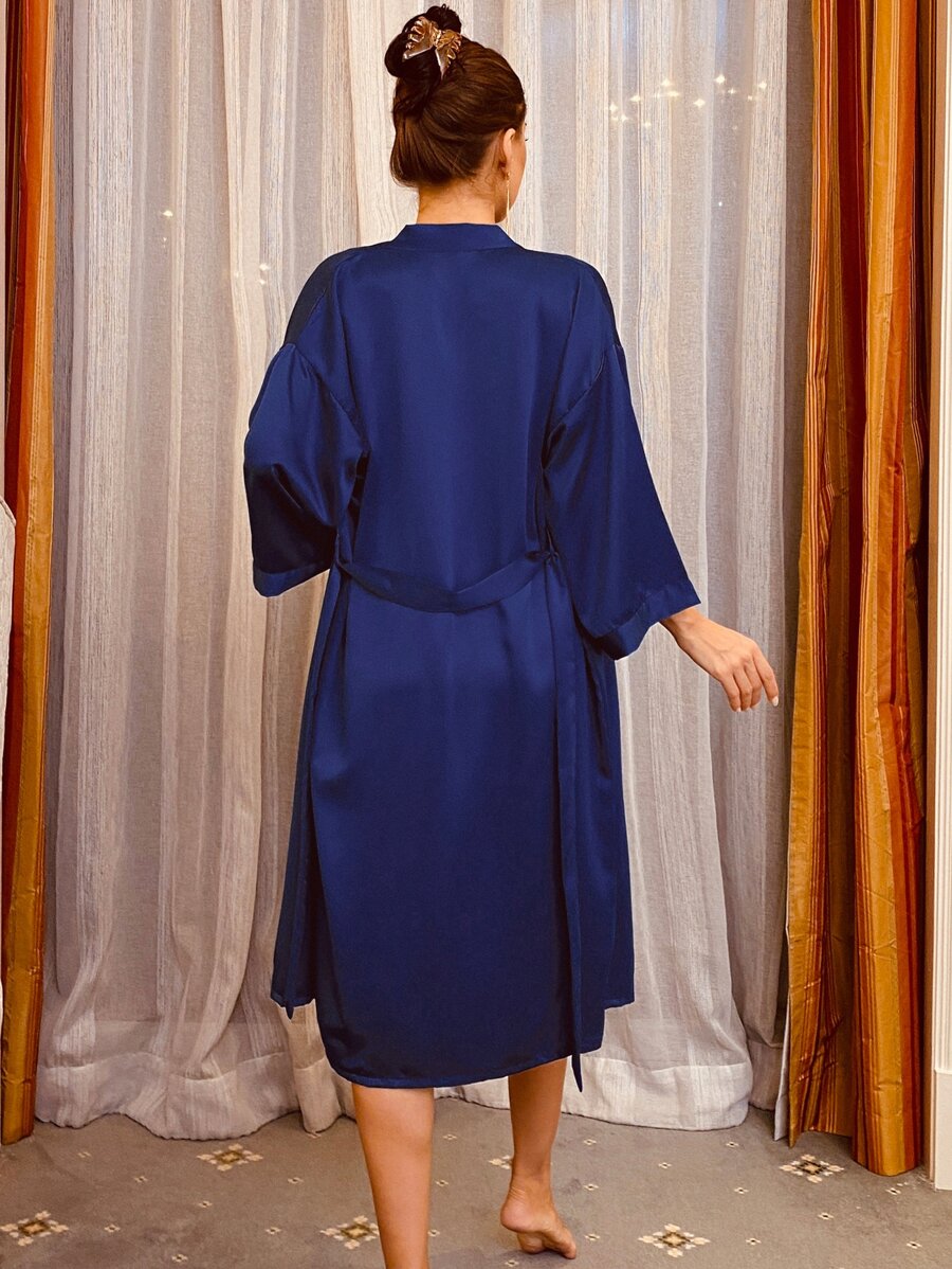 Draped Backless Split Thigh Satin Slip Dress & Belted Robe | SHEIN USA