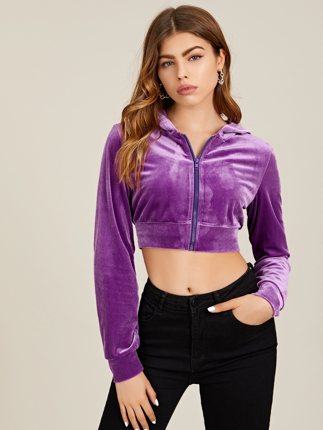 Velvet Zip Up Hooded Crop Jacket