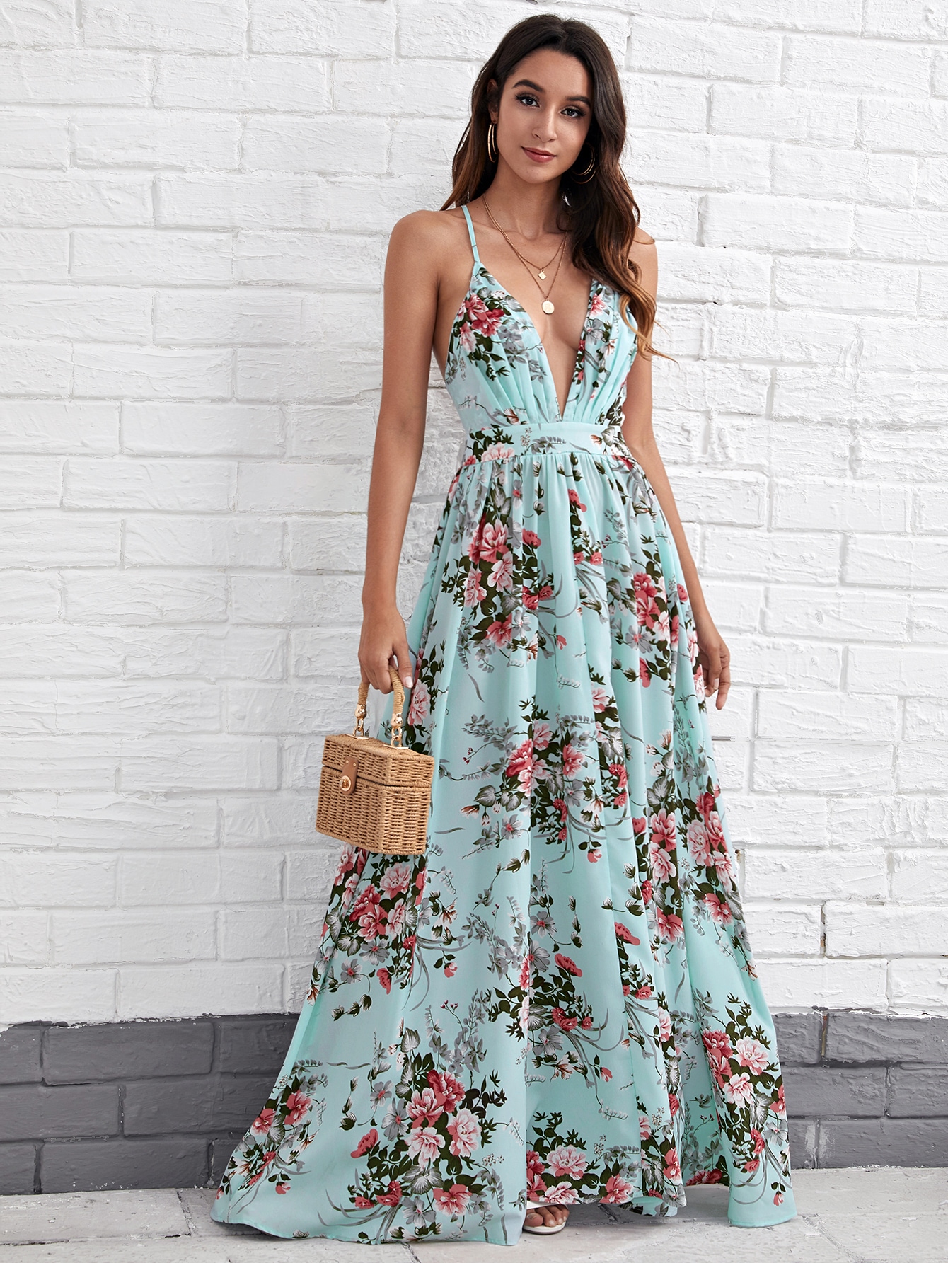 SHEIN VCAY Criss Cross Backless Floral Maxi Dress | SHEIN UK