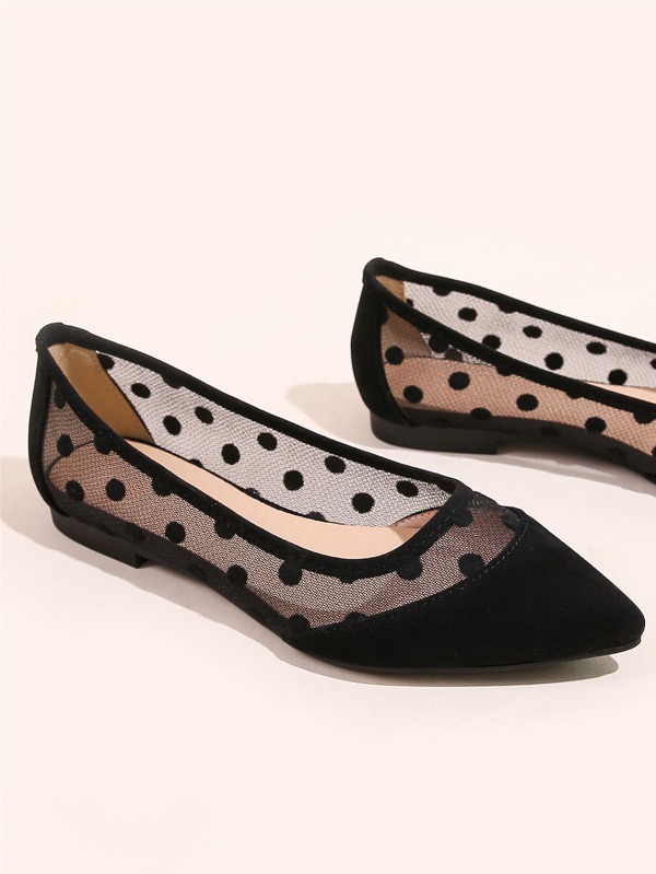 Women Polka Dot Decor Contrast Mesh Point Toe Ballet Flats, Fashionable ...