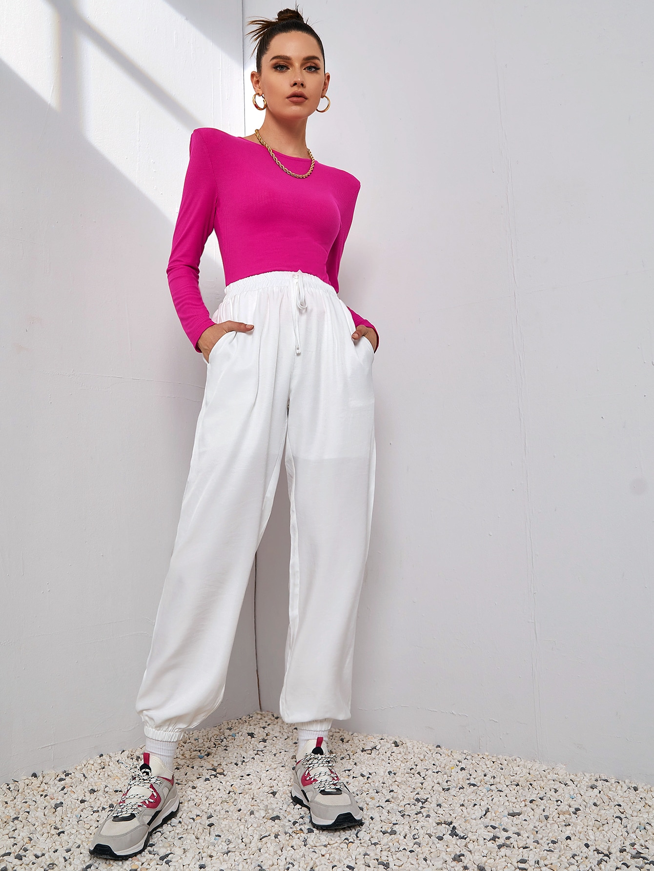 Neon Pink Rib-knit Slim Tee | SHEIN UK