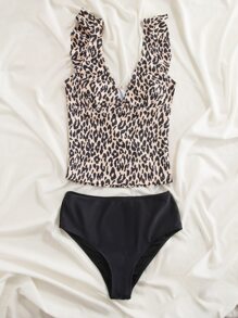 SHEIN Swim Leopard Tankini Set Ruffle Trim Top & High Waisted Bottom 2 ...