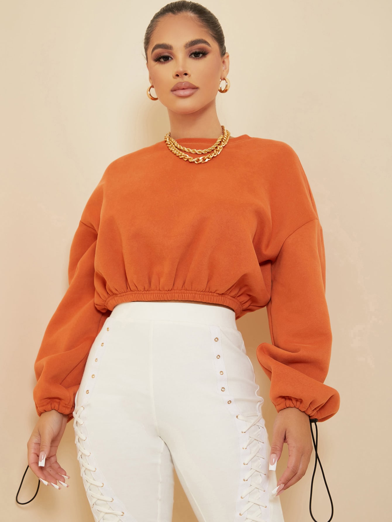 Drawstring Cuff Solid Crop Pullover