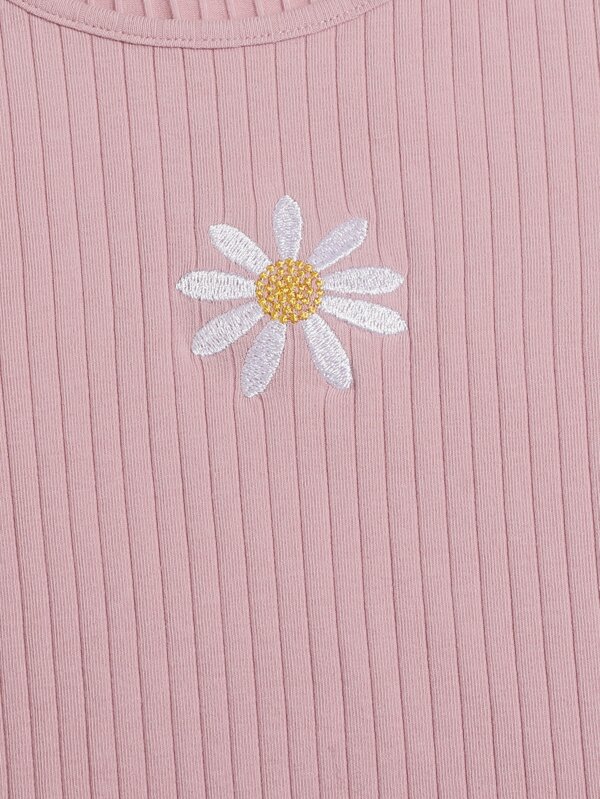 SHEIN Qutie Daisy Embroidered Rib-knit Tee | SHEIN UK