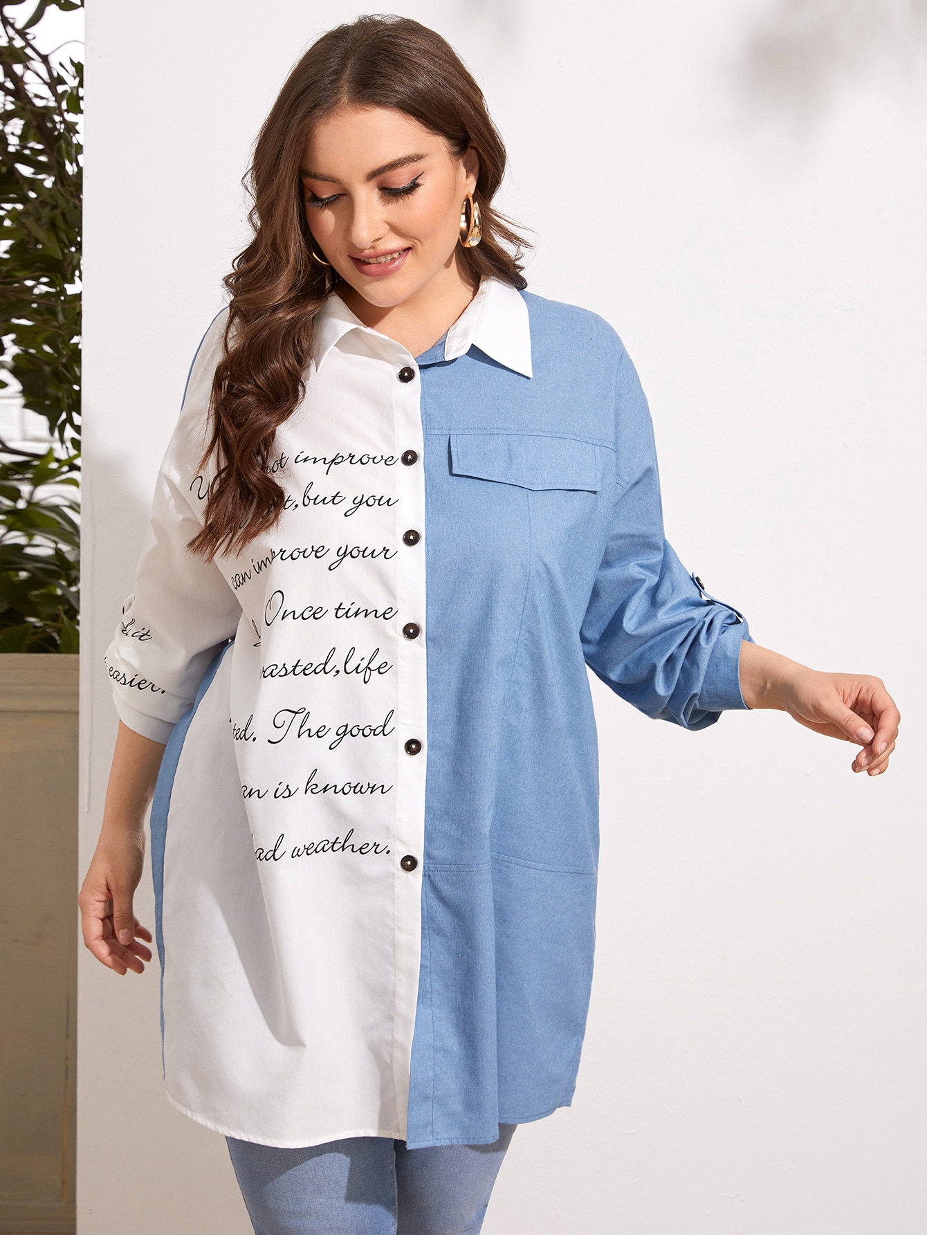 Plus Slogan Graphic Rolled Tab Sleeve Longline Blouse