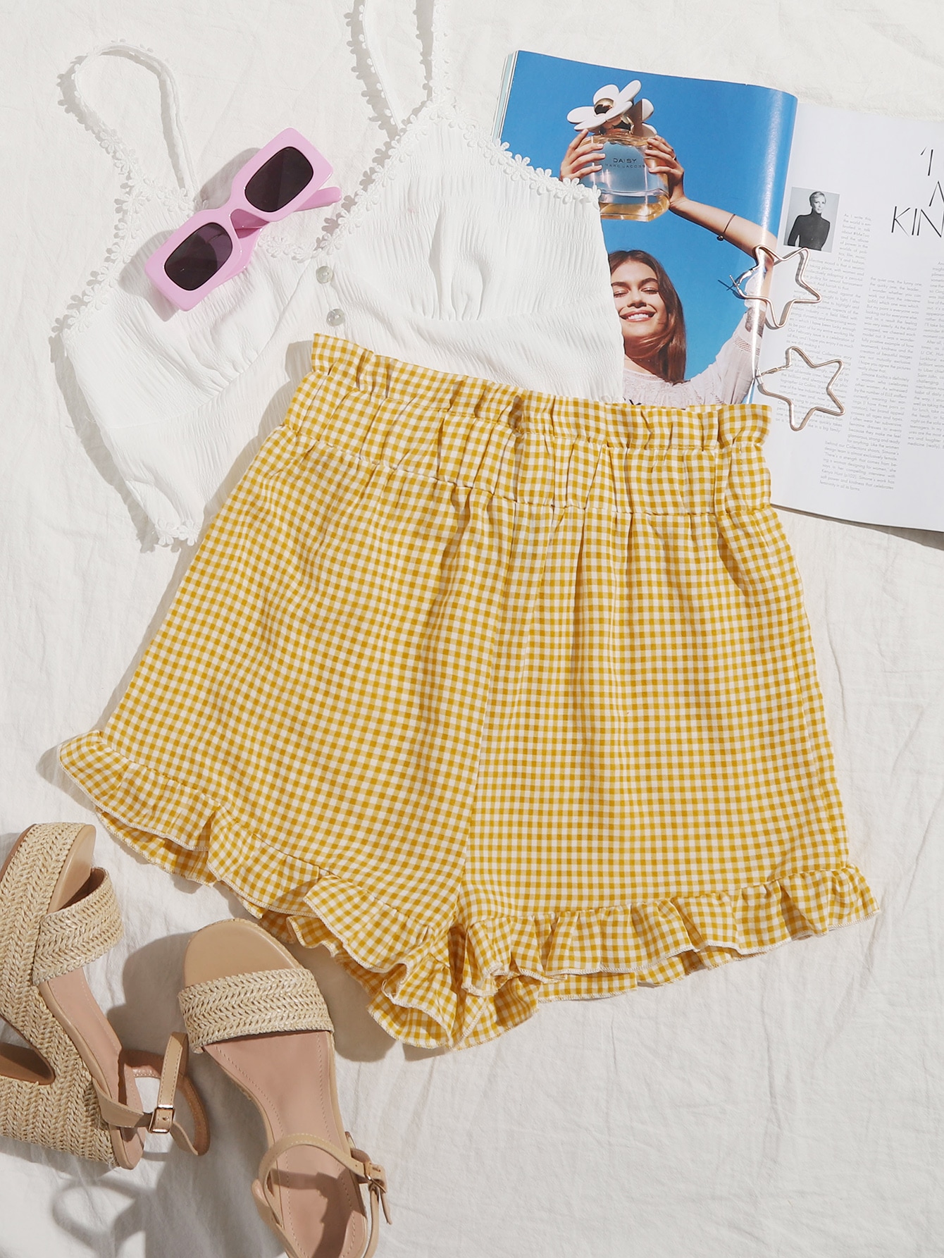 Paperbag Waist Gingham Shorts Shein Usa