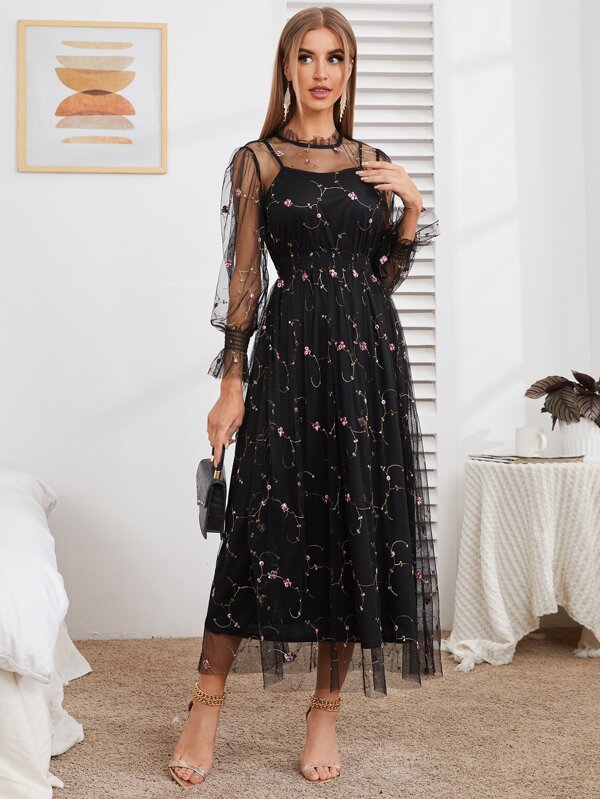 Shein Modely Embroidery Mesh Overlay Shirred Waist Dress Shein Usa