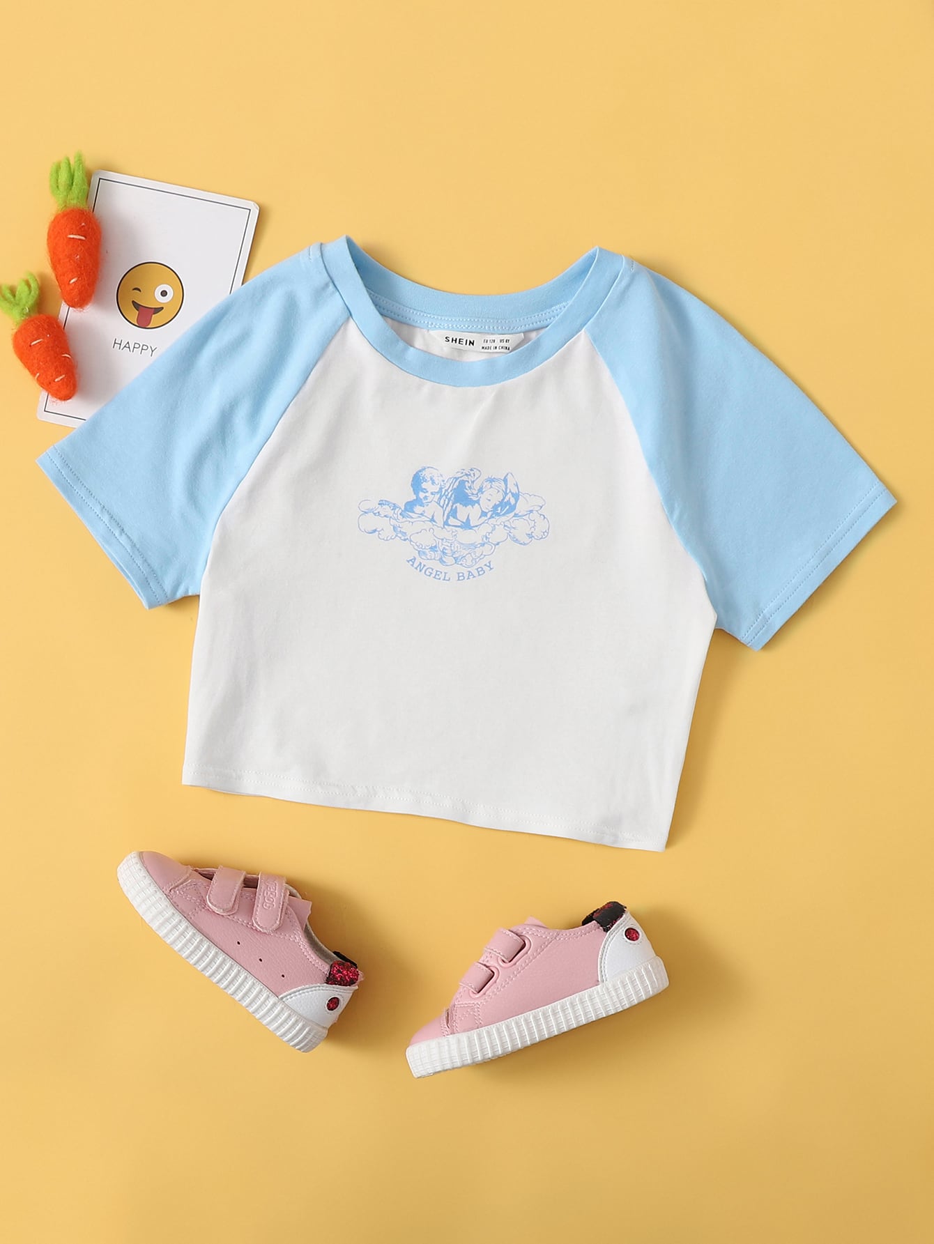 SHEIN Girls Angel Print Raglan Sleeve Colorblock Tee | SHEIN USA