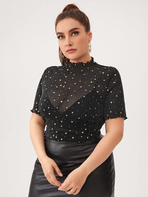 Shein Privé Plus Lettuce Trim Galaxy Mesh Sheer Top Without Bra Shein Usa