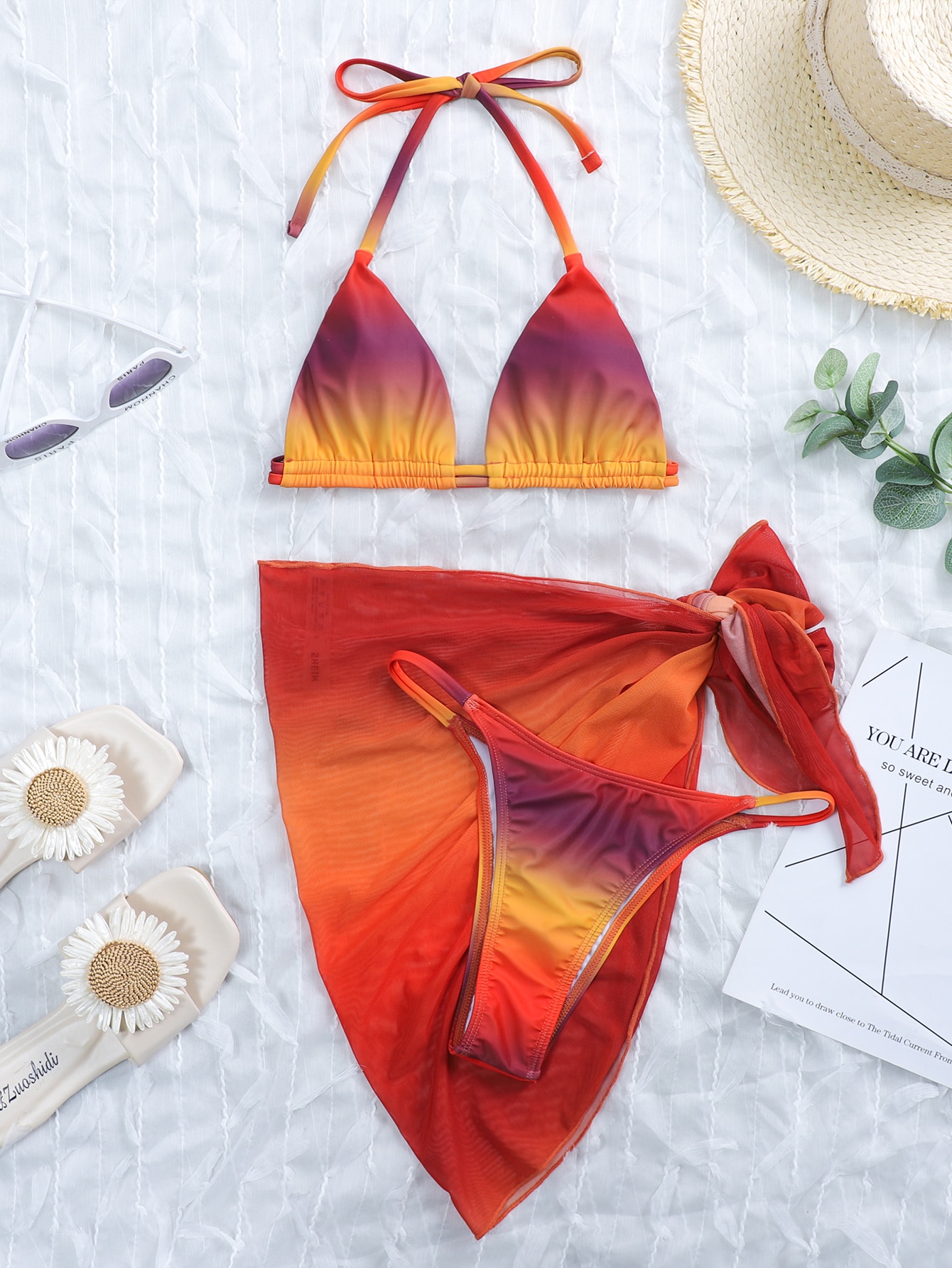 3pack Ombre Micro Triangle Bikini Swimsuit & Beach Skirt | SHEIN USA