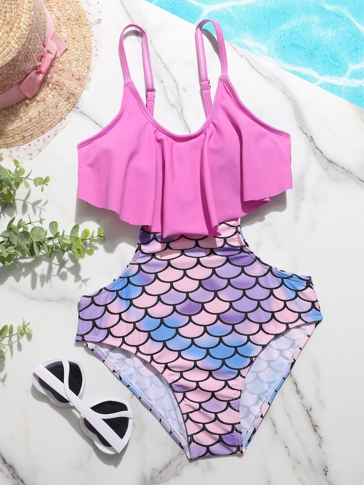 Girls Fish Scale Hanky Hem One Piece Swimsuit | SHEIN ASIA