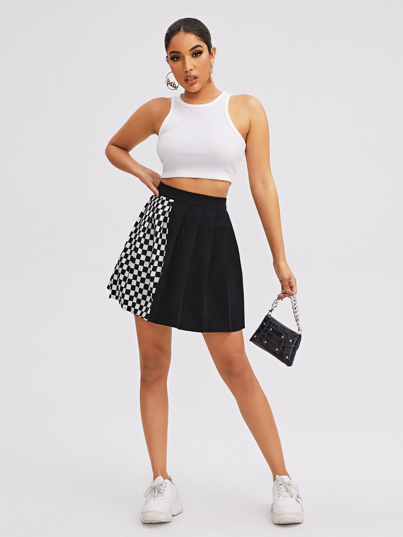SHEIN Checked Panel Pleated Skirt | SHEIN USA