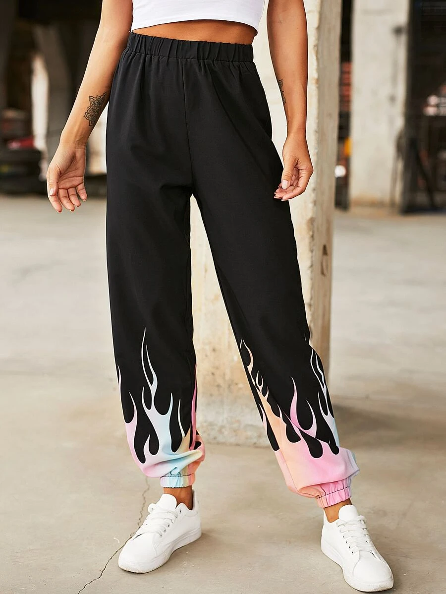 Fire Print Elastic Waist Sweatpants | SHEIN USA