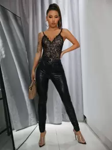 Chiquease Sheer Lace Cami Bodysuit | SHEIN USA