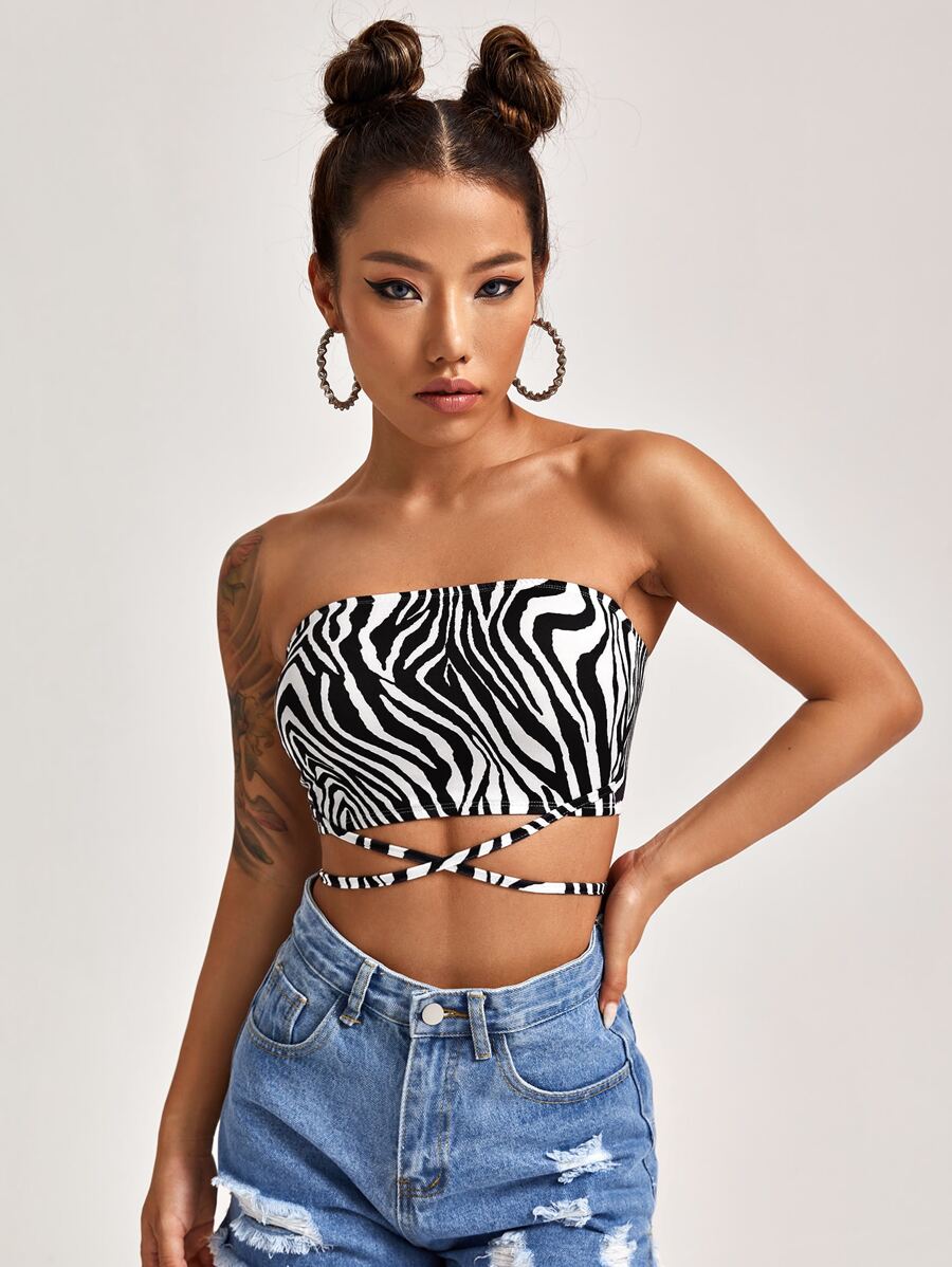 SHEIN EZwear Crisscross Tie Back Zebra Striped Crop Top | SHEIN USA