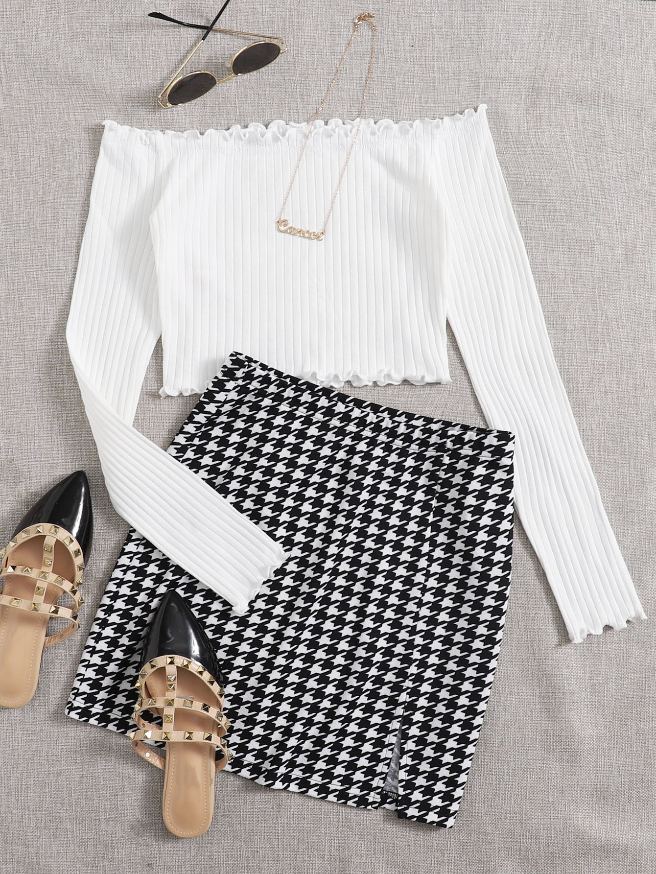 Shein Off Shoulder Lettuce Trim Crop Top And Houndstooth Skirt Set Shein