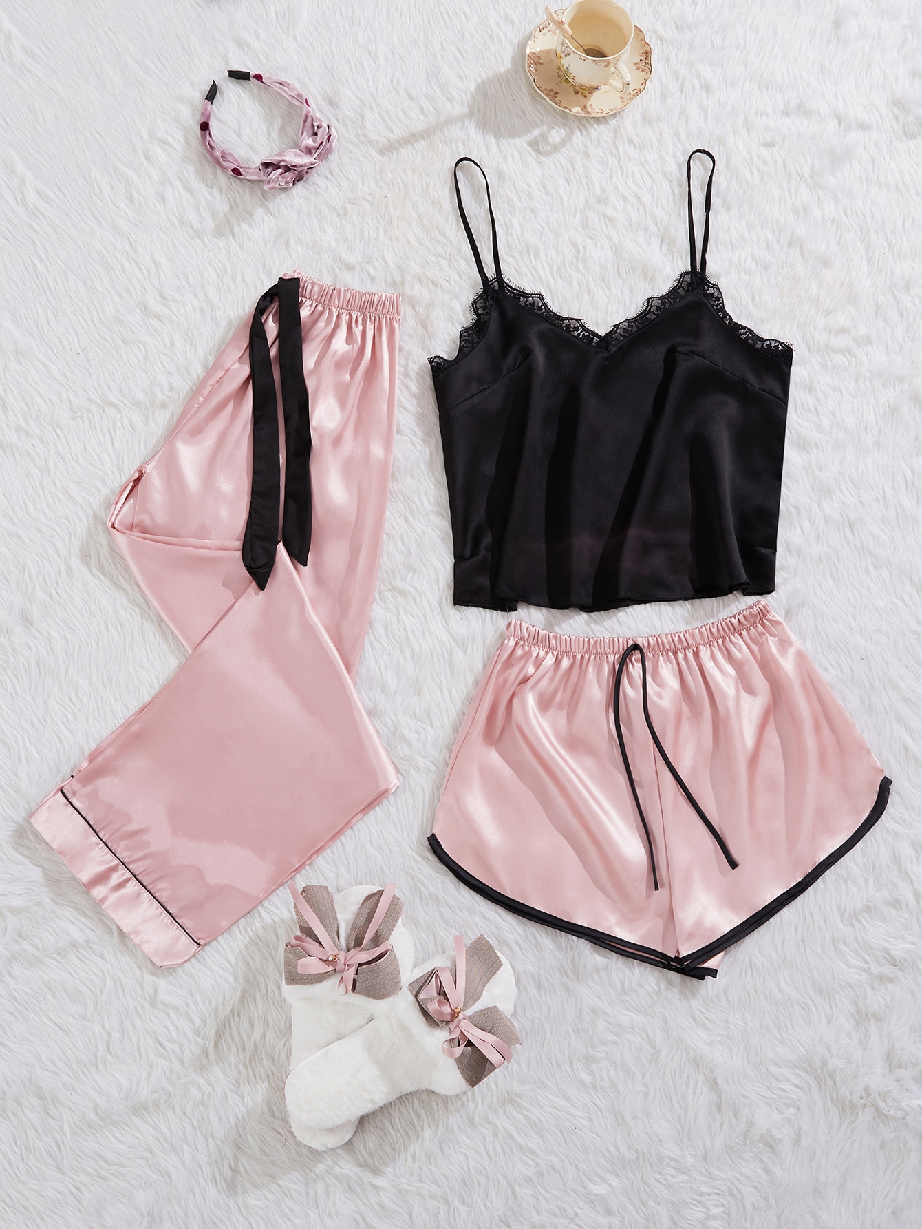 3 Pack Satin Contrast Lace Night Set