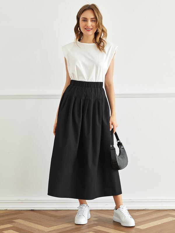 Shein Mulvari Elastic Waist Solid Flare Skirt Shein Usa