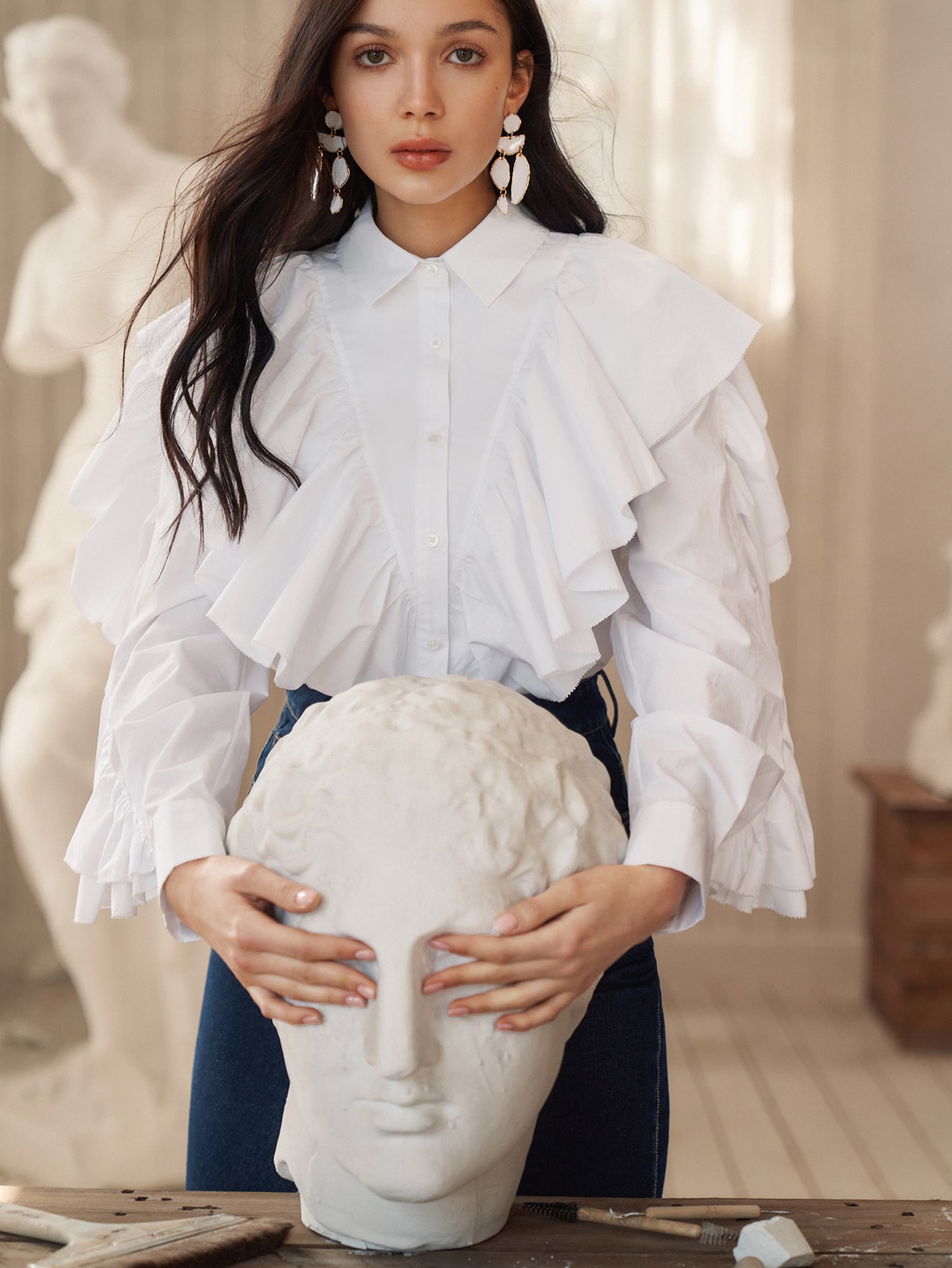 100% COTTON EXAGGERATED RUFFLE BLOUSE