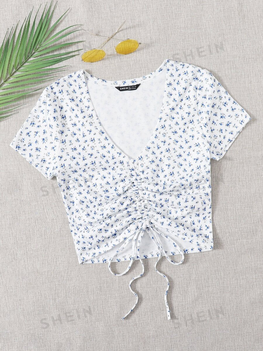 SHEIN Qutie Cottagecore Drawstring Front Ditsy Floral Top | SHEIN UK