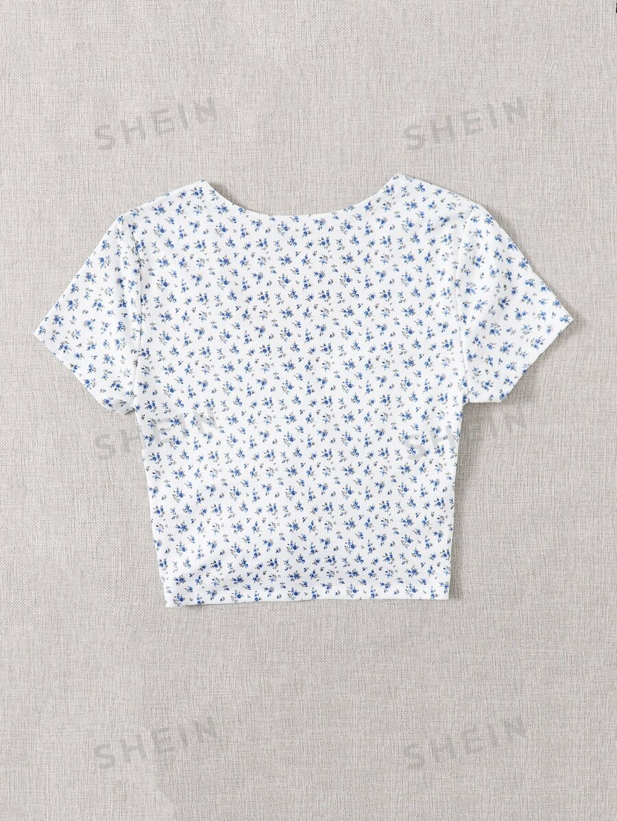 SHEIN Qutie Cottagecore Drawstring Front Ditsy Floral Top | SHEIN UK