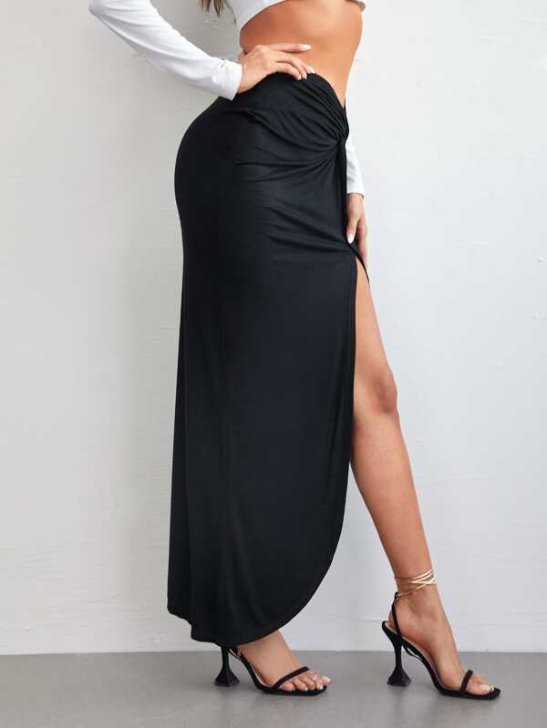 SHEIN Privé Twist Waist High Split Skirt | SHEIN USA