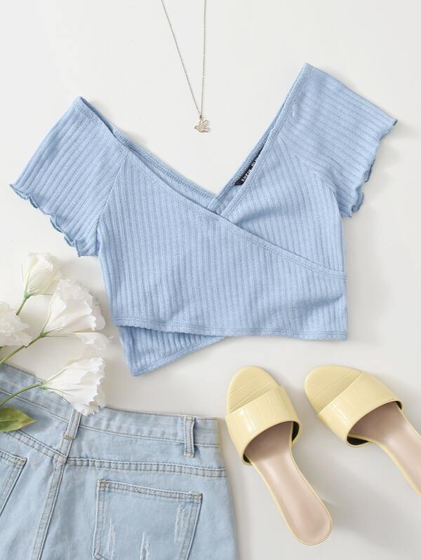SHEIN Qutie Cross Wrap Solid Crop Top | SHEIN USA