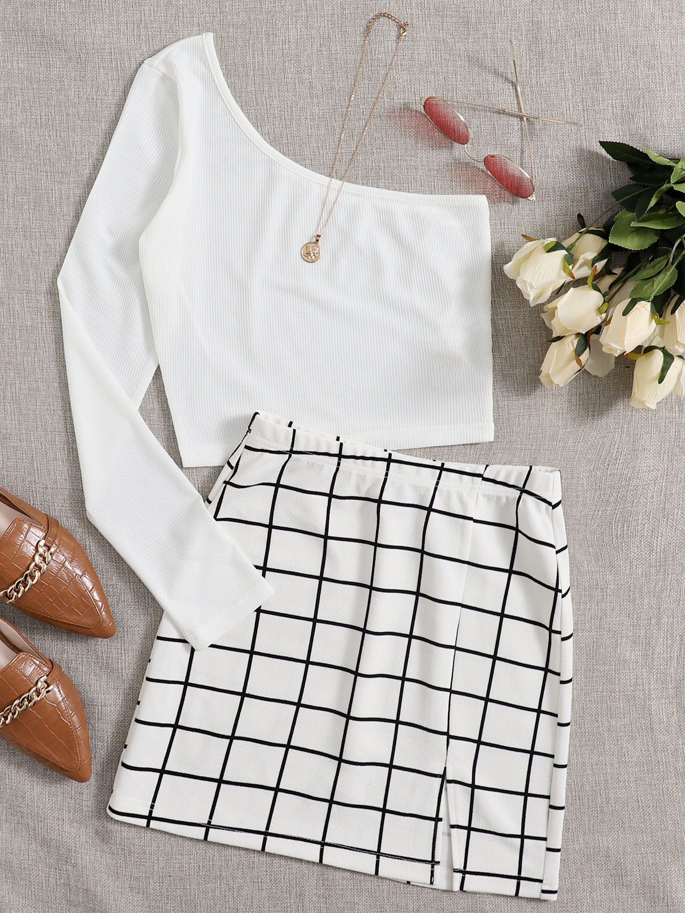 One-Shoulder Crop Top & Grid Mini Skirt Set