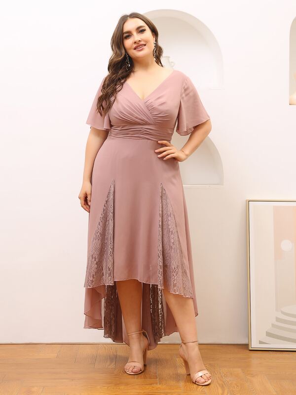 Plus Contrast Lace High Low A-line Dress | SHEIN USA