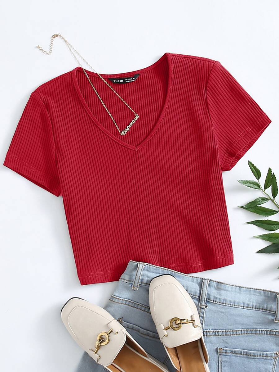 SHEIN EZwear V-Neck Rib-knit Top | SHEIN USA