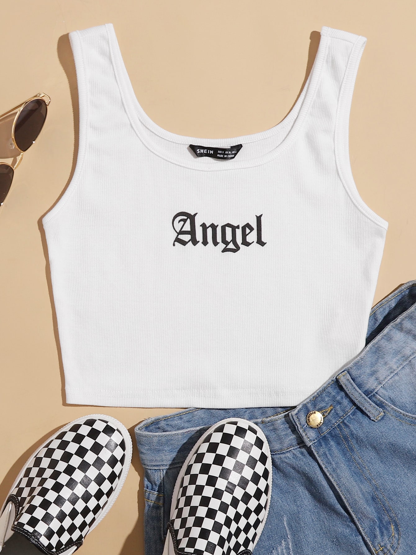 Shein Qutie Top Corto Tejido De Canalé Con Estampado De Letra Moda De
