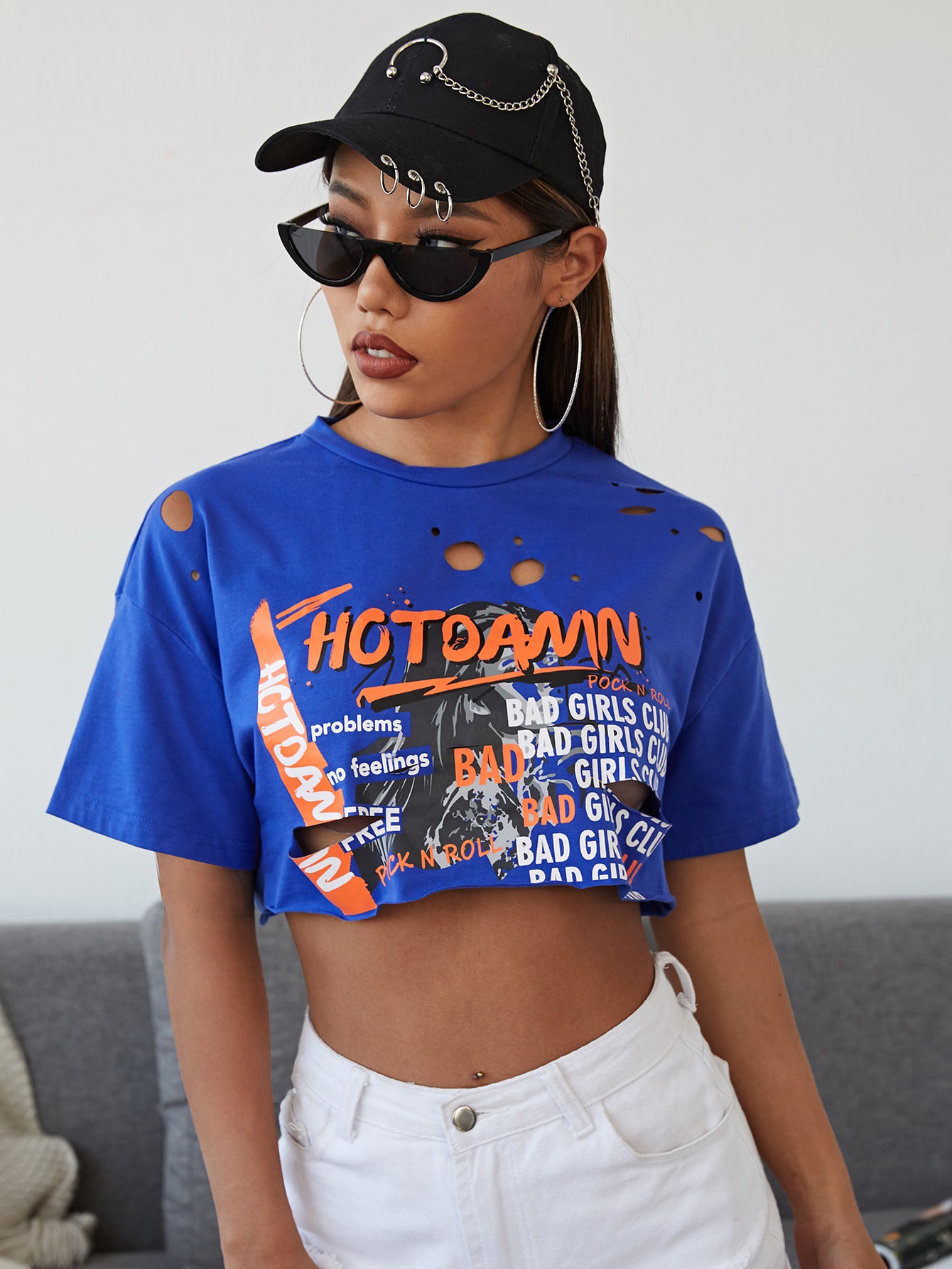Slogan Graphic Ripped Detail Super Crop Top