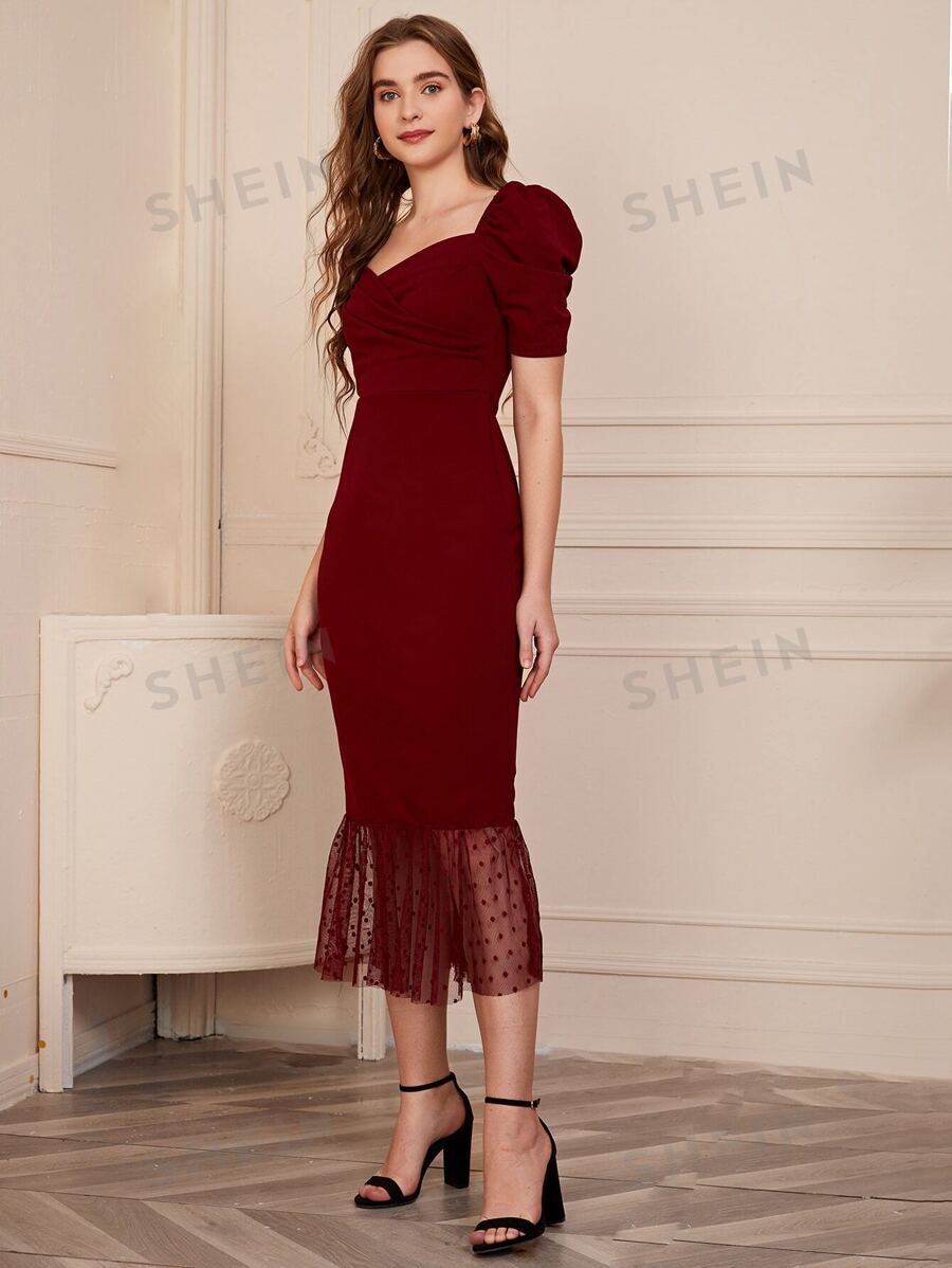 SHEIN Modely Vestido bajo con malla de lunares de cuello sweetheart de ...