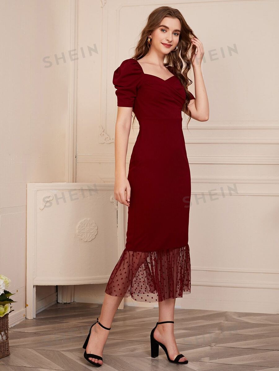 SHEIN Modely Puff Sleeve Sweetheart Neck Dot Mesh Hem Dress | SHEIN