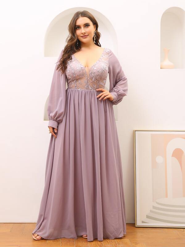 SHEIN Belle Plus Contrast Lace Open Back Prom Dress | SHEIN USA