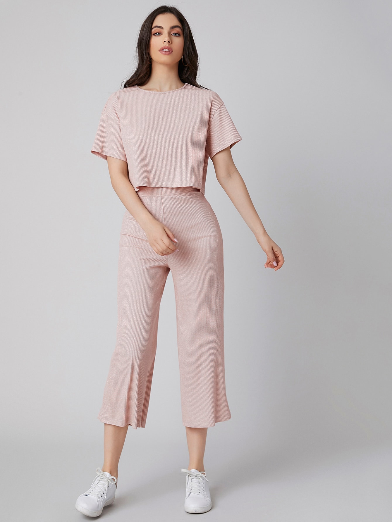 Drop Shoulder Rib-knit Top & Capris Pants Set