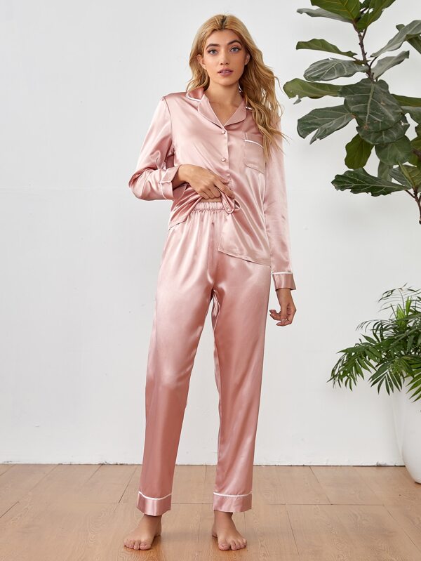 Contrast Binding Button Front Lapel Collar Satin Pj Set Shein Usa