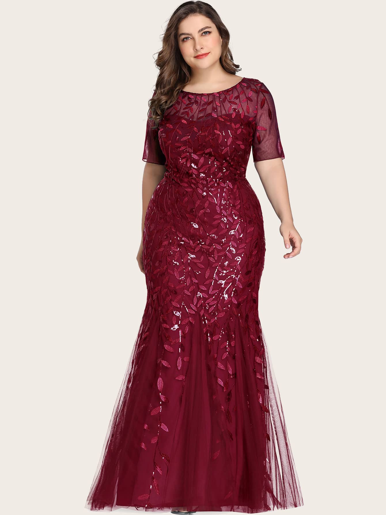 Plus Sequin Plants Detail Mesh Prom Dress