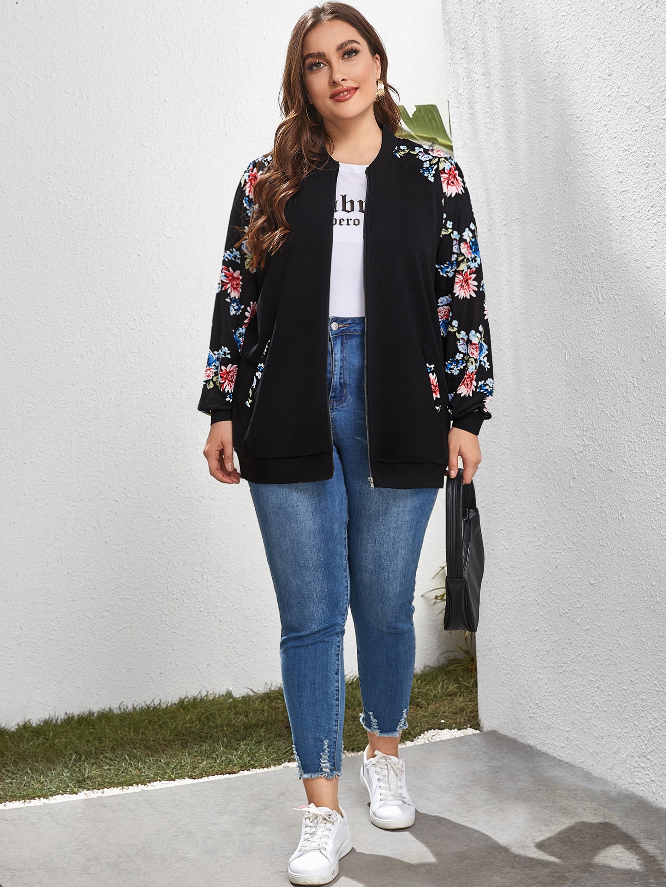 EMERY ROSE Plus Floral Raglan Sleeve Bomber Jacket | SHEIN USA