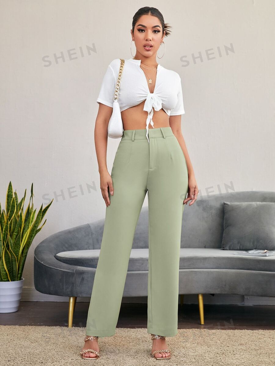 SHEIN Essnce Solid High Rise Tailored Pants | SHEIN USA