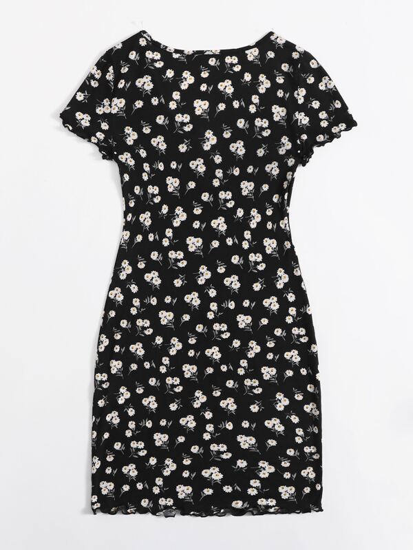 SHEIN WYWH Notched Neck Lettuce Trim Daisy Floral Dress | SHEIN UK