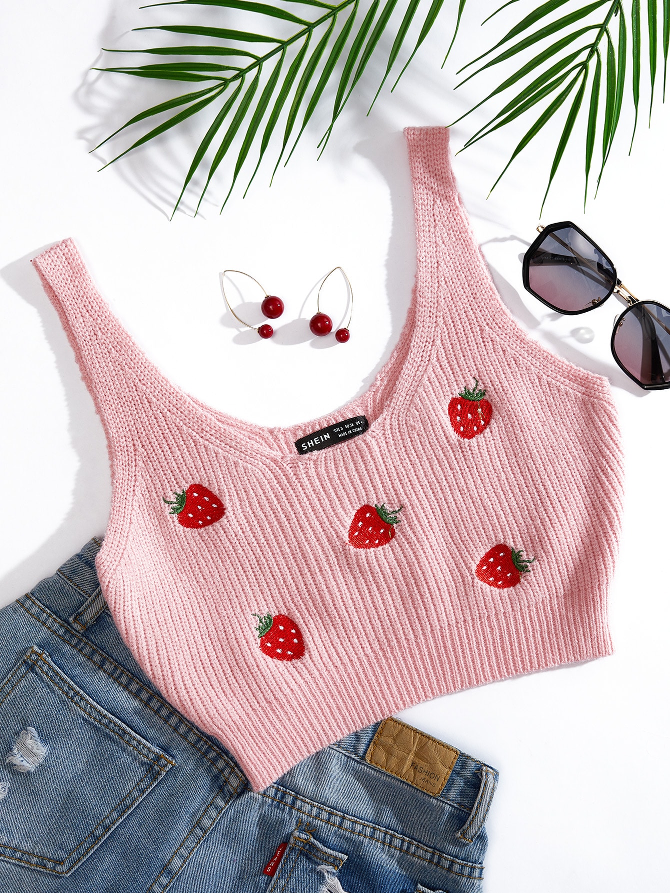 Embroidered Strawberry Knit Top