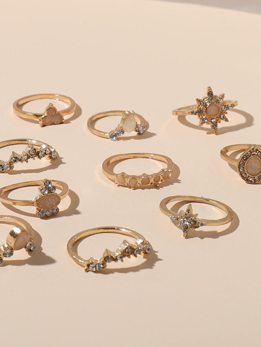 10pcs/set Rhinestone Inlaid Water Drop Design Ring Combination For ...