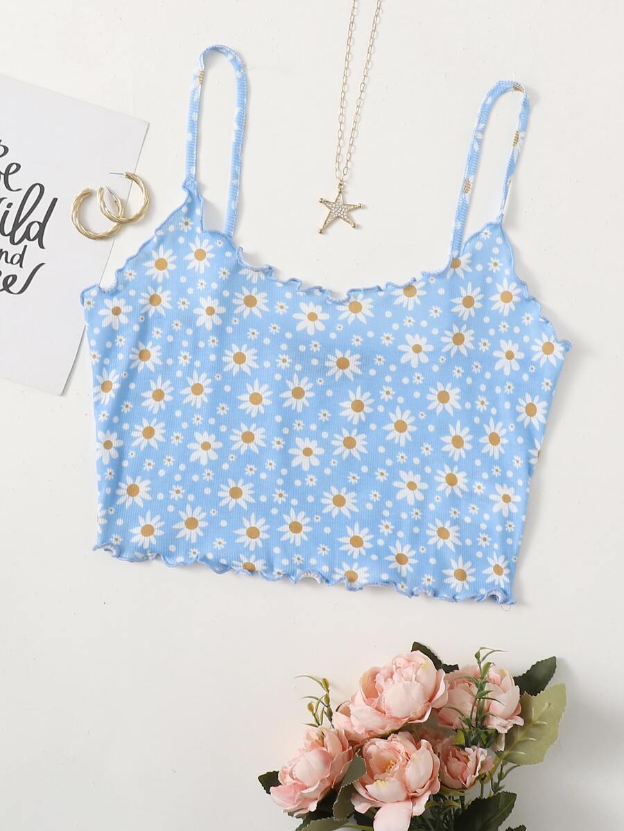 Shein Wywh Cottagecore Lettuce Edge Daisy Floral Crop Cami Top Shein Euqs