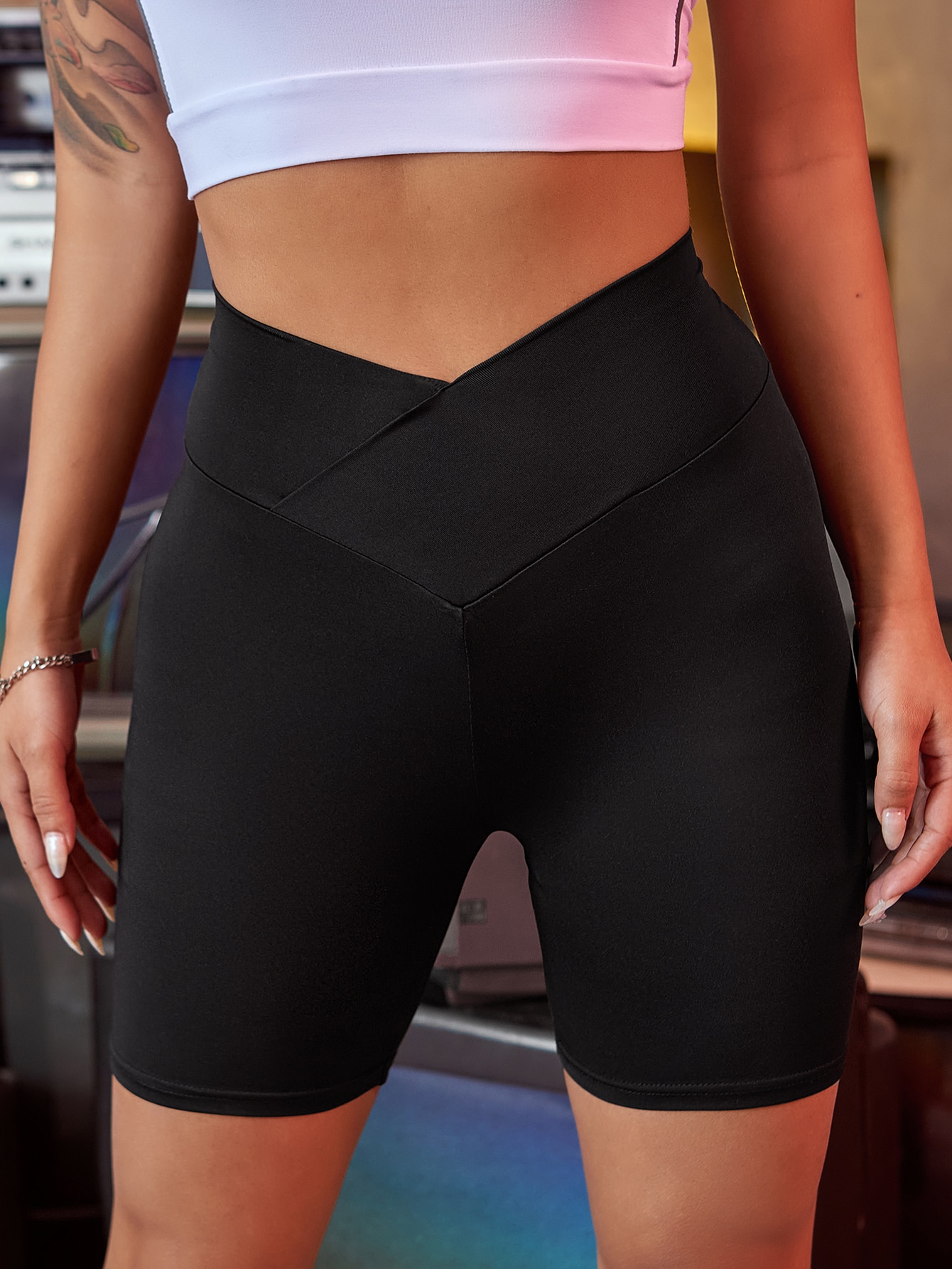 Overlap Asymmetrical Waist Biker Shorts