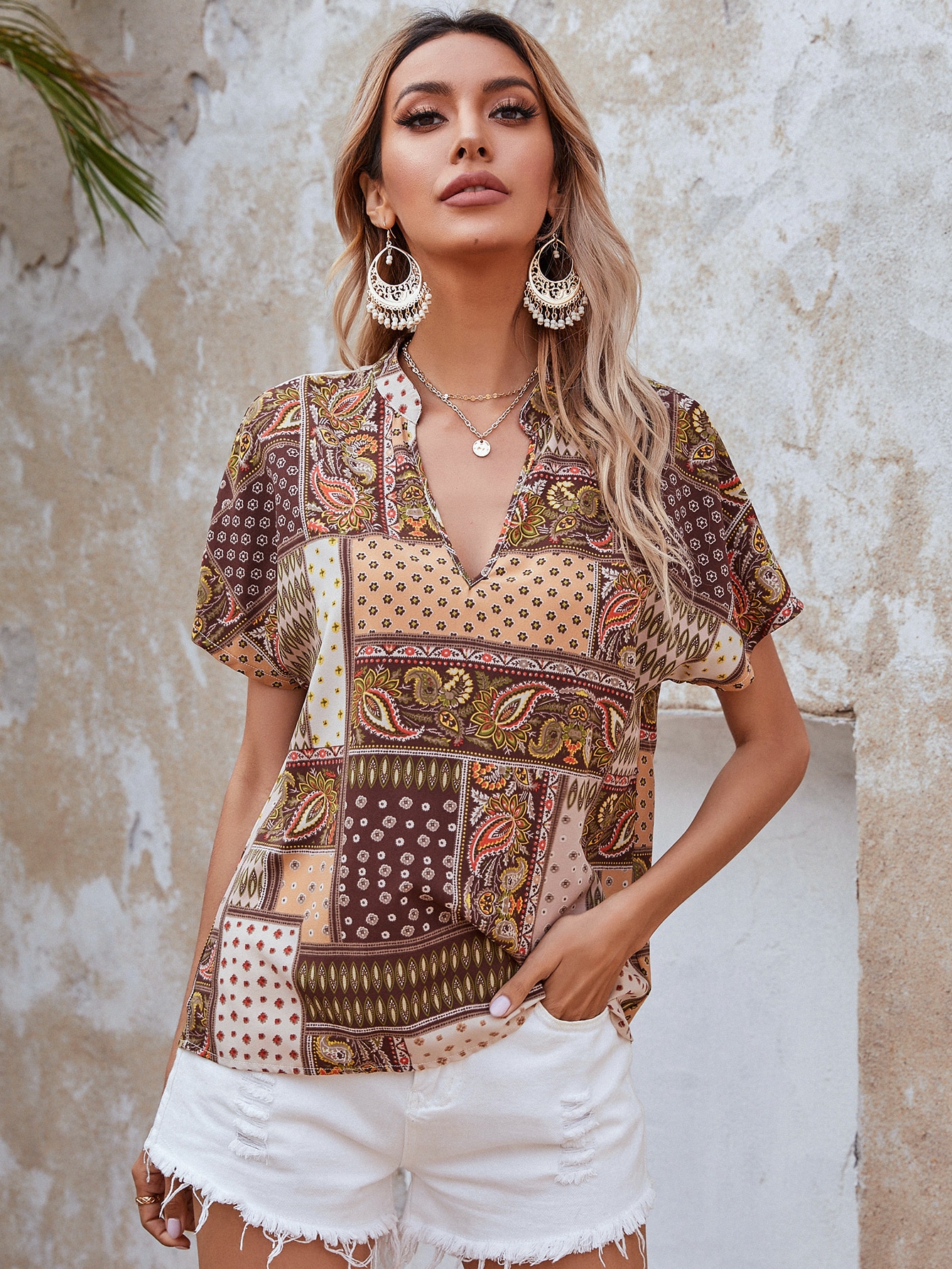 Paisley Print Notched Neck Blouse