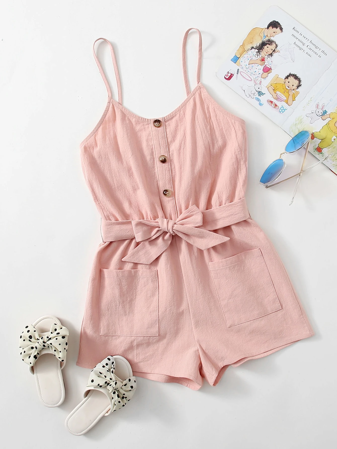SHEIN Tween Girl Buttoned Front Self Belted Pocket Patched Slip Romper ...
