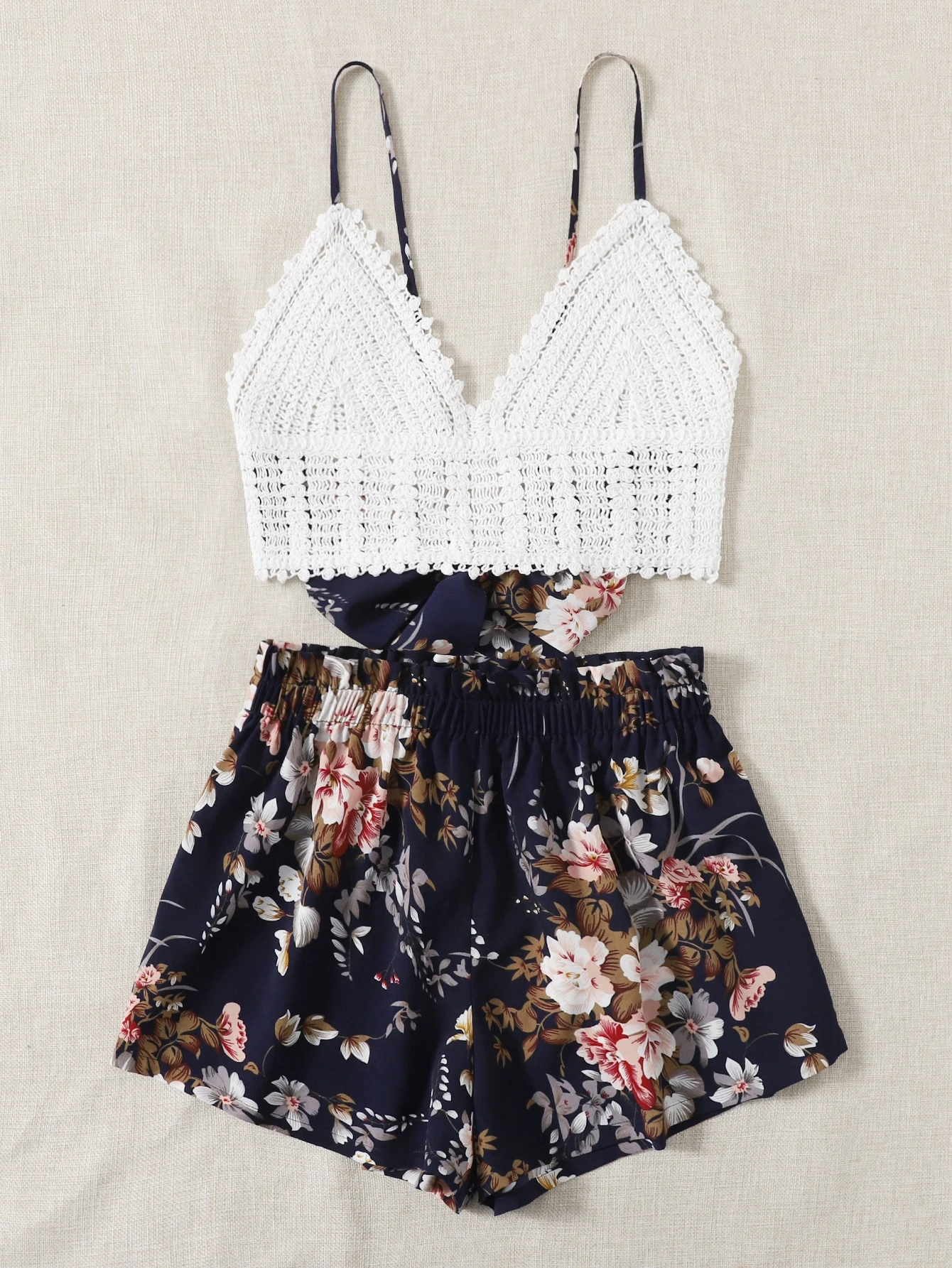 Shein Vcay Tie Back Crochet Cami Top And Paperbag Waist Floral Shorts Set